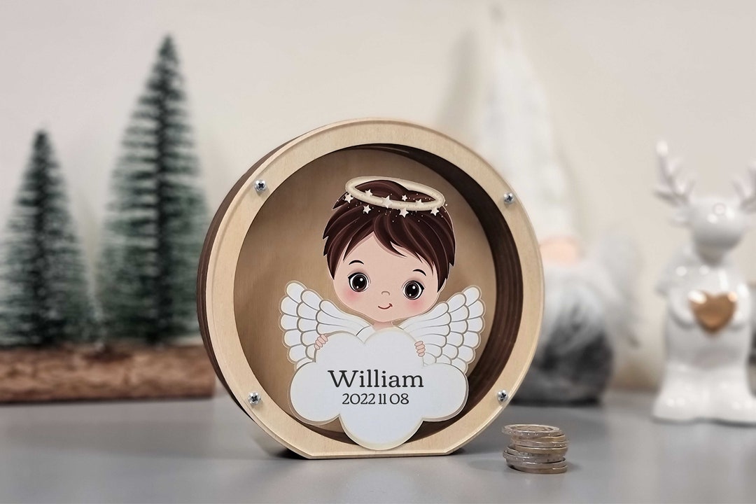 Personalized Baptism Gift Idea for Boy, Wooden Piggy Bank With Angel ...
