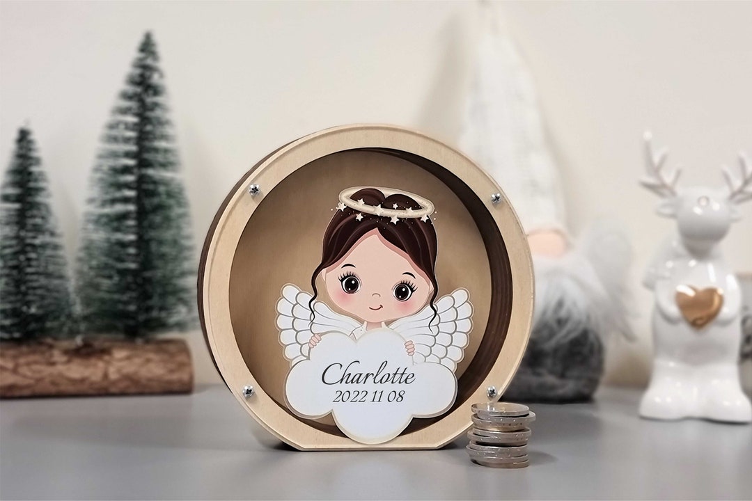 Wooden Baptism Piggy Bank With Angel, Cute Gift for Baby Girl ,piggy ...