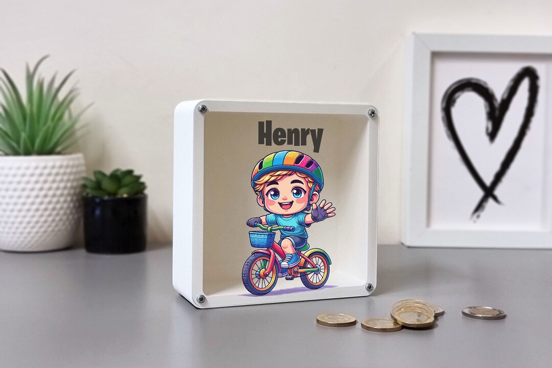 Customizable Boy on Bicycle 3D Printed Piggy Bank - Perfect Gift for ...