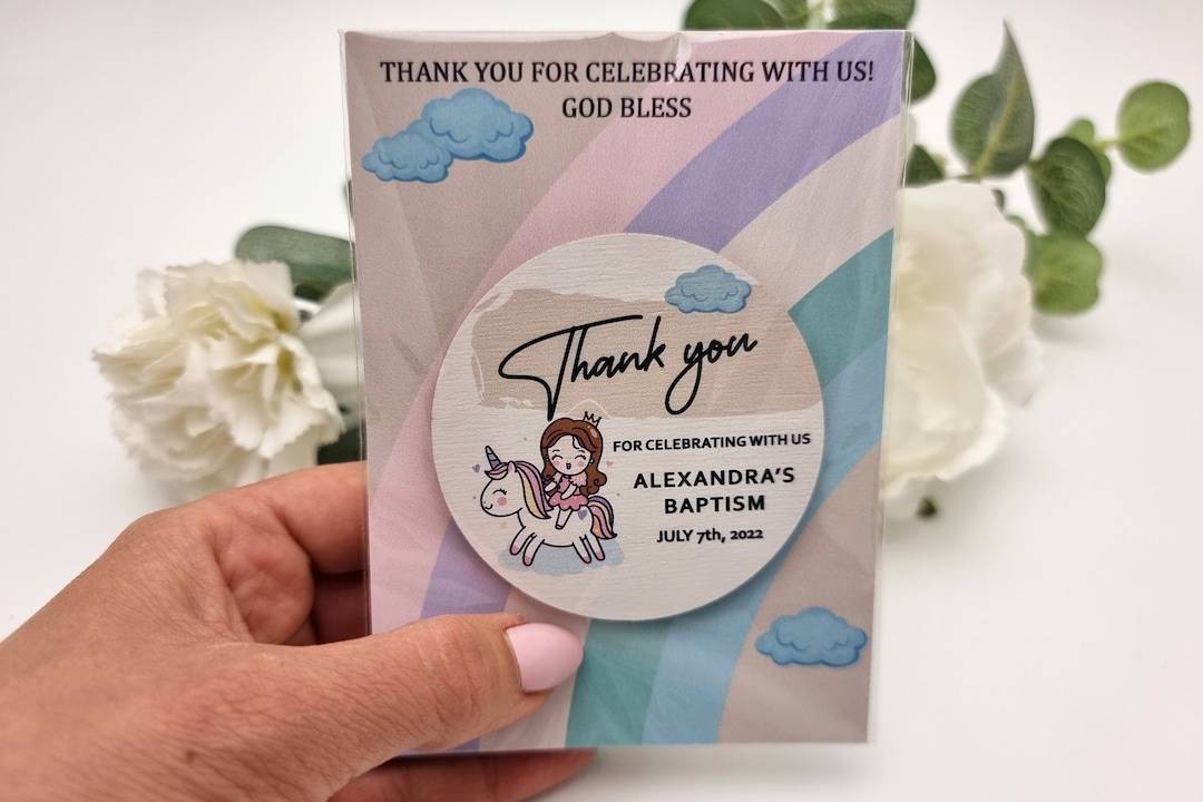 Christening Favors, Baptism Magnets With Princess on a Unicorn, Rainbow ...