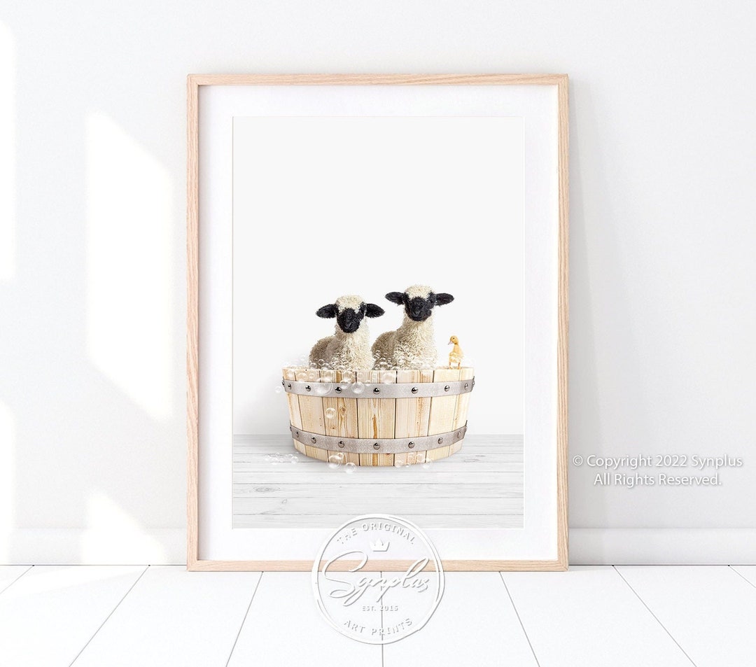 Two Lambs and Duckling in Wooden Bathtub Printable Art, Lamb Taking a ...