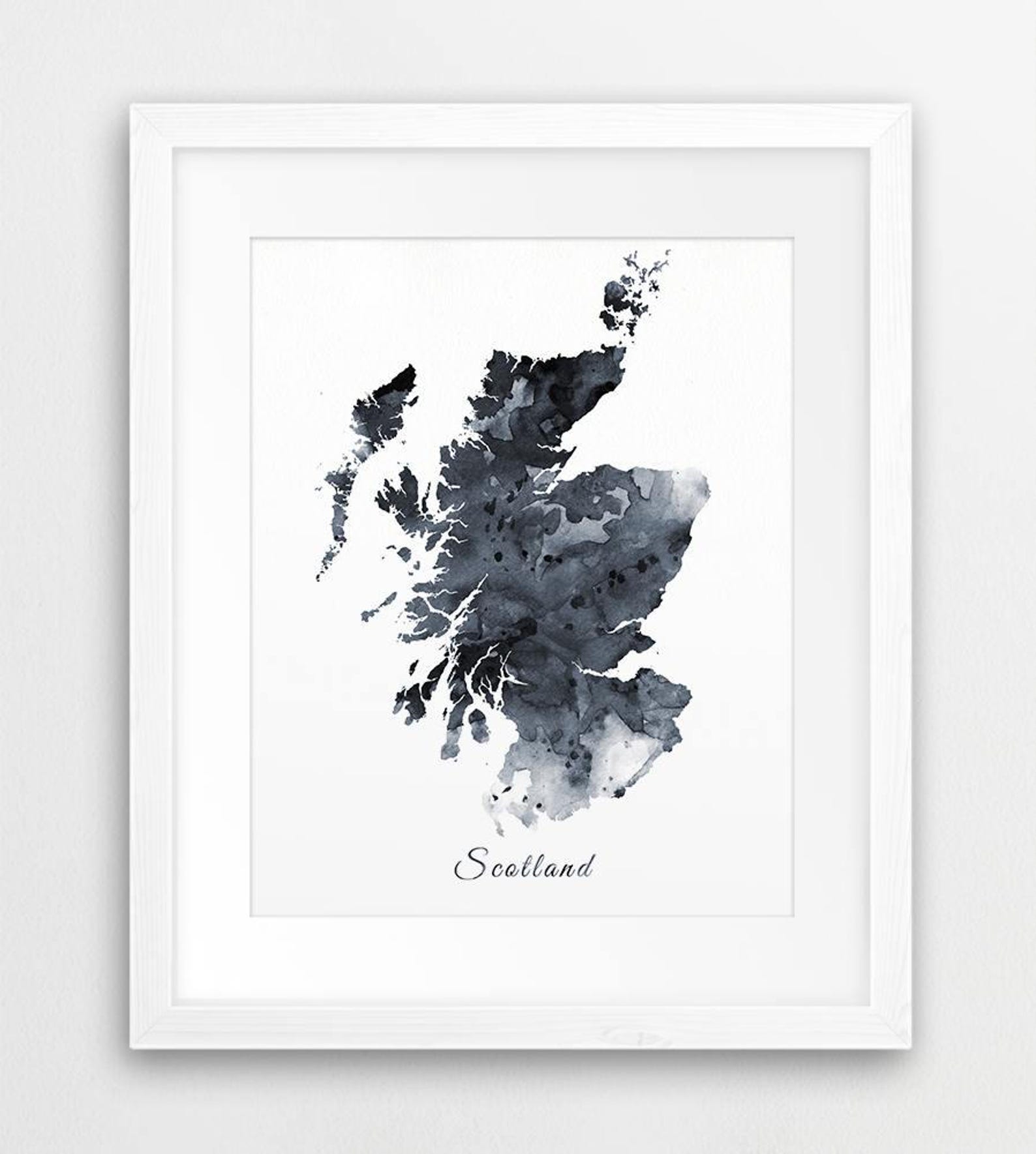 Scotland Map Print, Scotland Watercolor Map, Scotland Art Grey Black ...