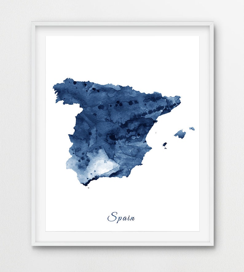 Spain Map Print Spain Wall Art Spain Watercolor Blue Navy | Etsy