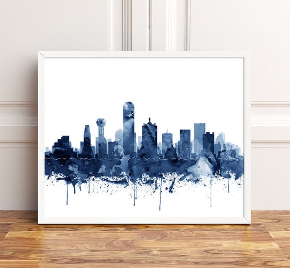 Dallas Skyline Print Dallas Watercolor Navy Blue Dallas | Etsy