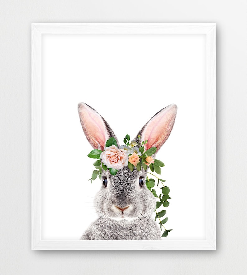 Bunny Rabbit Print, Rabbit Flower Crown, Nursery Wall Art, Synplus ...
