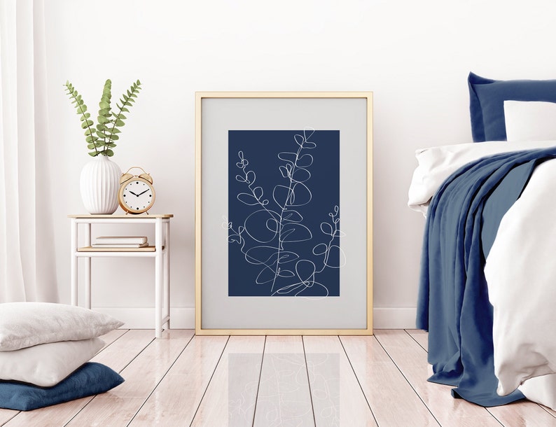 Navy Blue Wall Art Prints, Botanical Line Art, Set of 3 Blue Plant ...