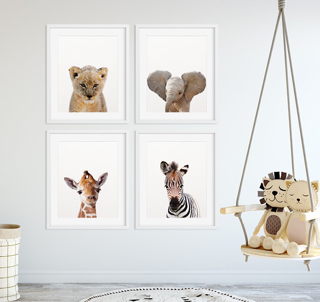 Safari Nursery Decor, Baby Animals Set 4, Lion Zebra Elephant Giraffe ...