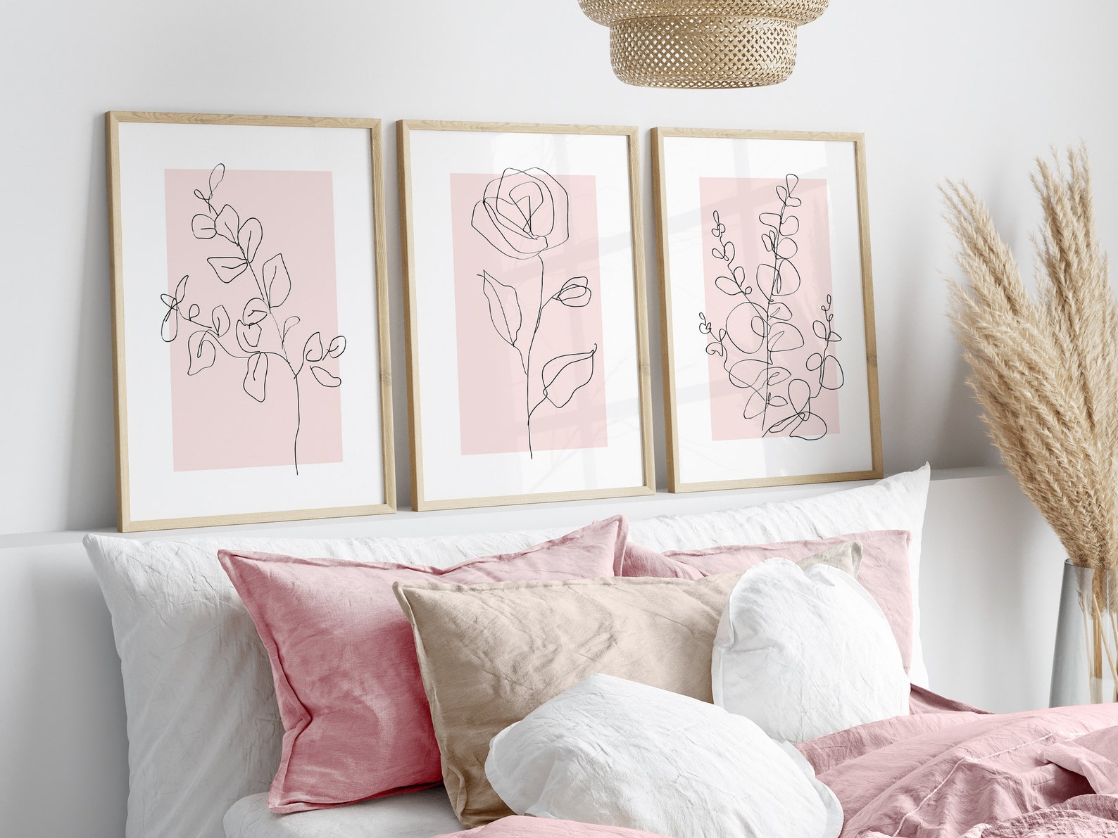 Pink Wall Art Prints, Botanical Line Art, Set of 3 Plant Wall Prints ...