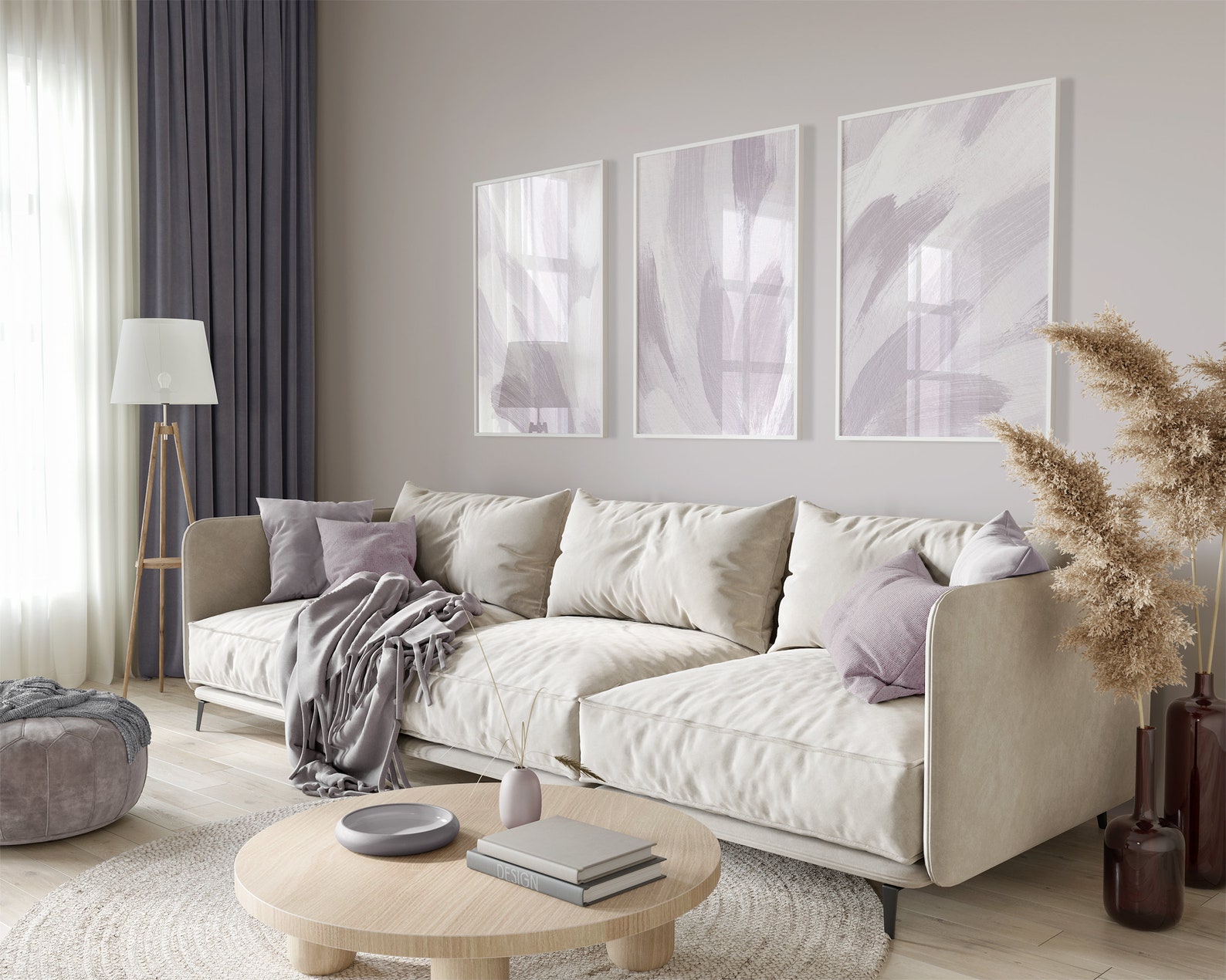 Set of 3 Abstract Print, White and Lilac Painting Wall Art, Neutral ...