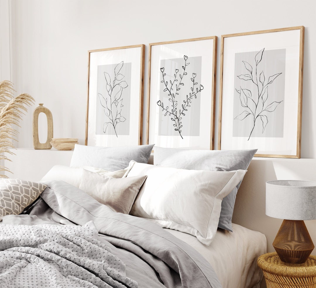 Neutral Wall Art Prints, Botanical Line Art, Set of 3 Light Grey Plant ...