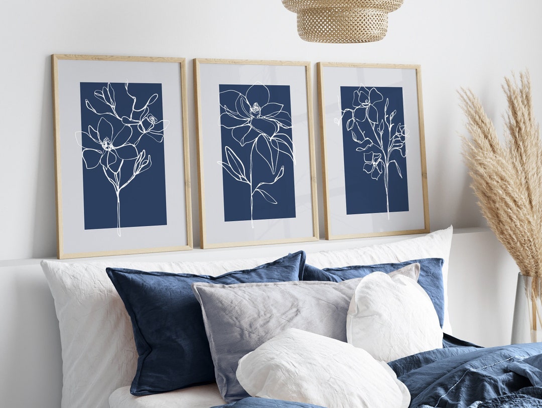 Blue Wall Art Prints, Botanical Line Art, Set of 3 Plant Prints, Blue ...