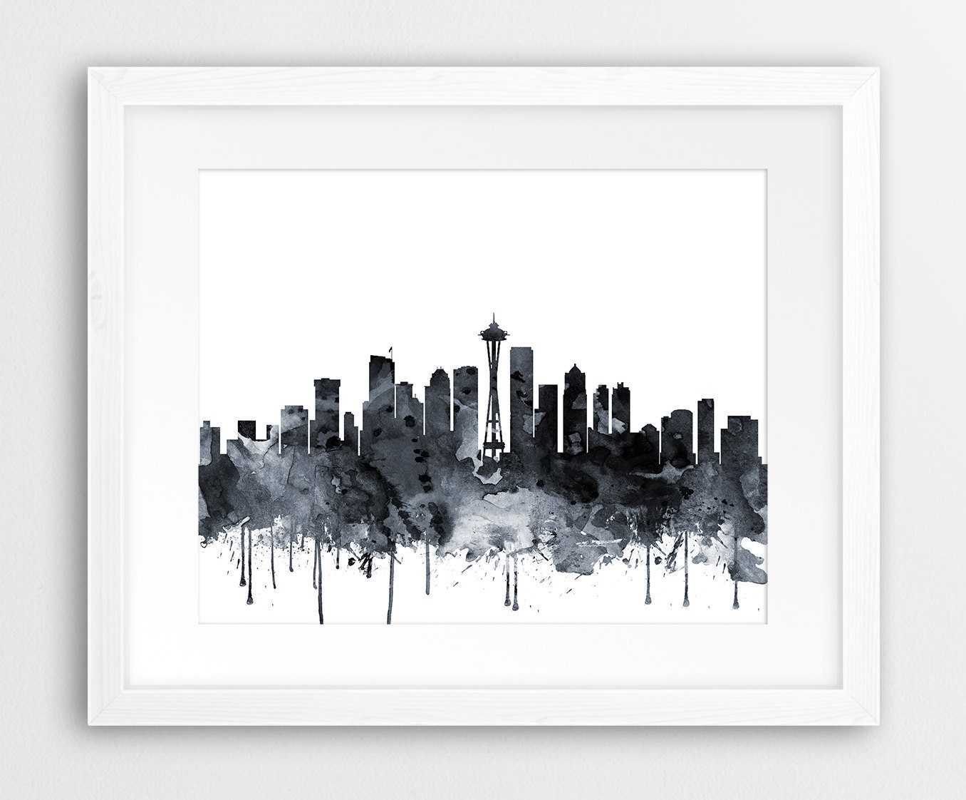 Seattle Skyline Print, Seattle Watercolor Neutral Grey Black White ...
