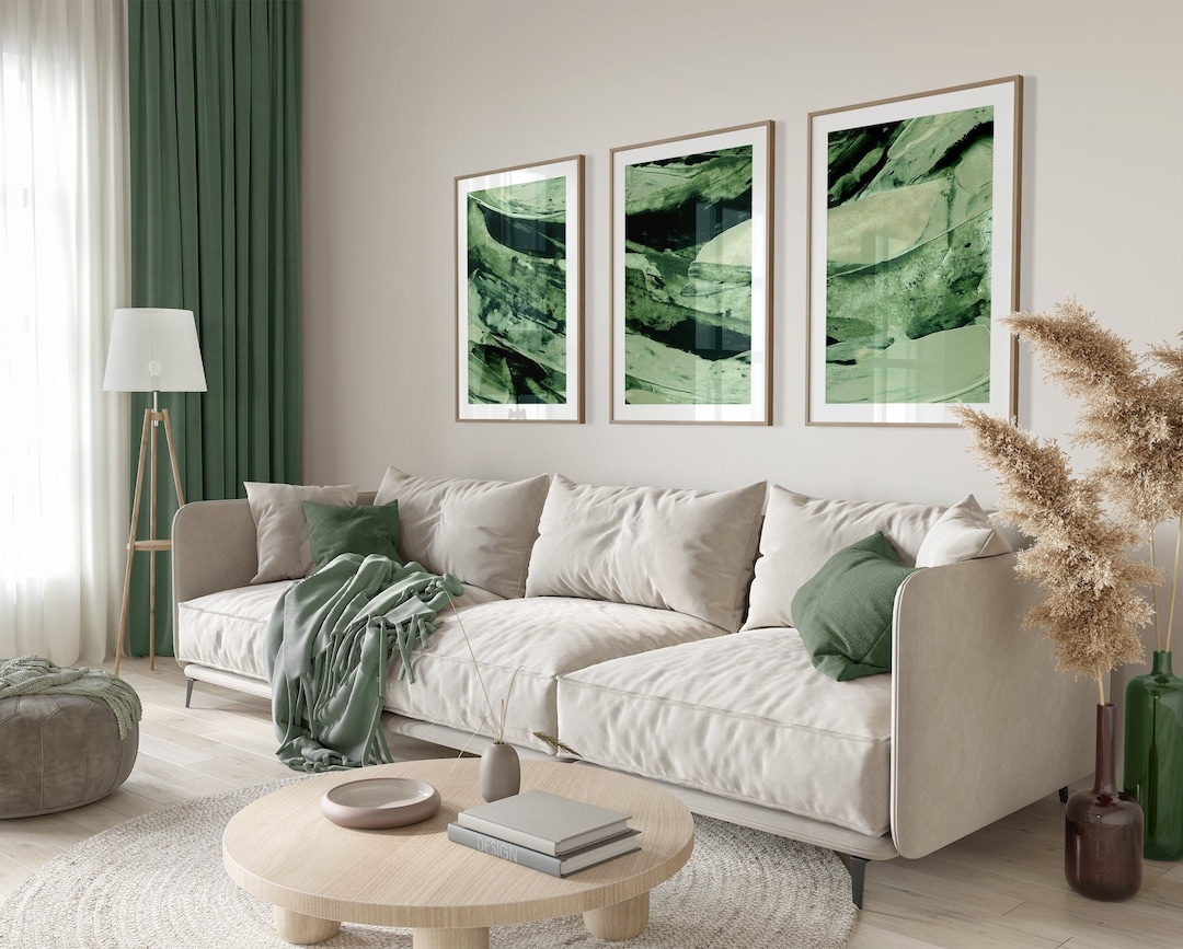 Abstract Green Wall Art Prints, Green Brush Strokes Art, Set of 3 ...