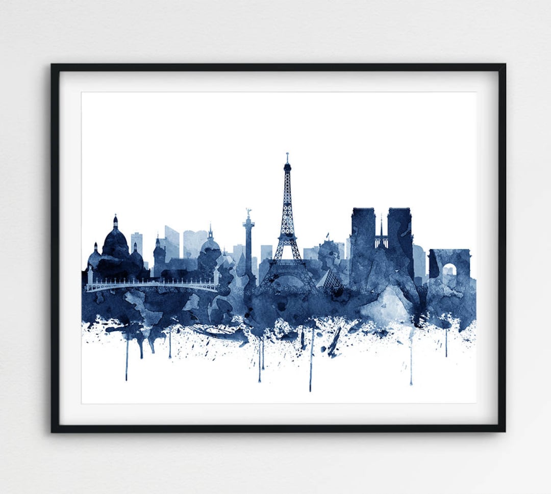 Paris Skyline Print, Paris City Watercolor Navy Blue, Paris France ...