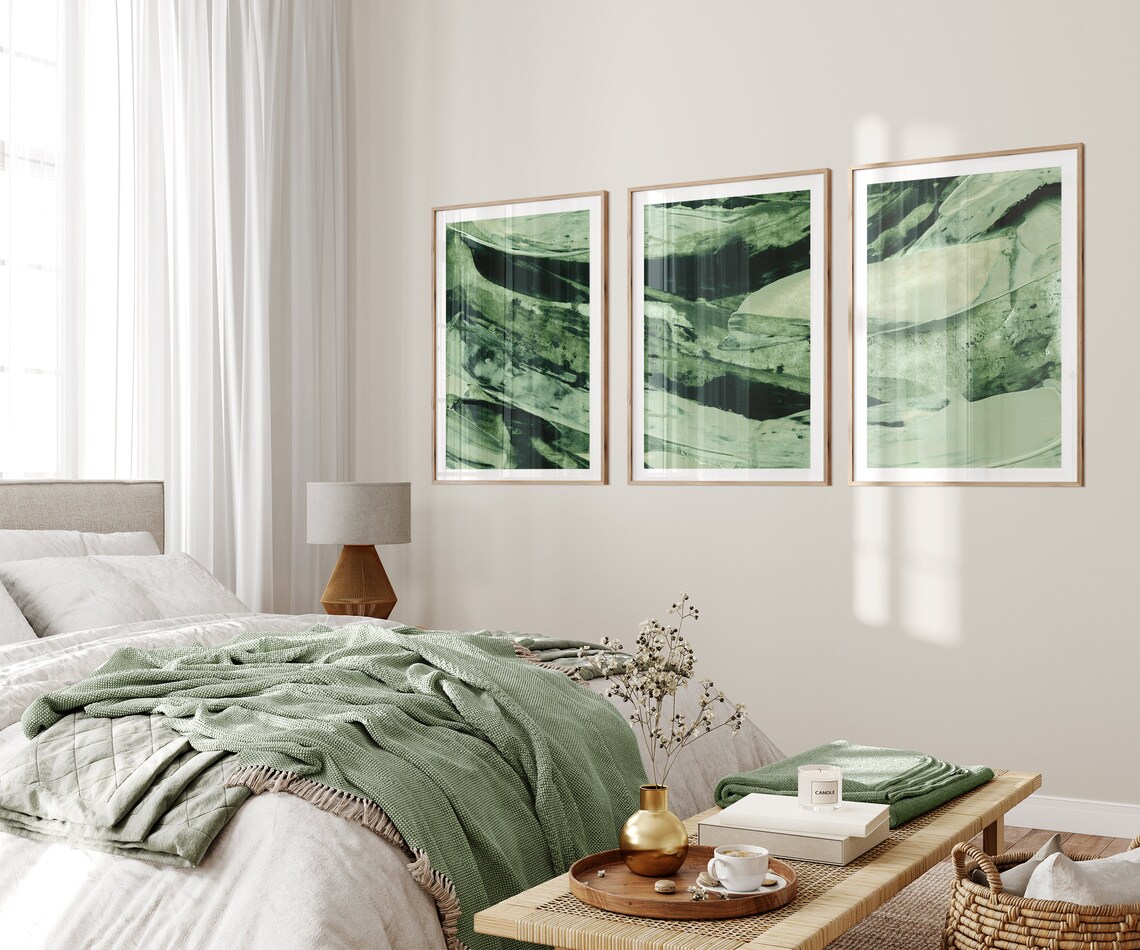 Abstract Green Wall Art Prints, Green Brush Strokes Art, Set of 3 ...