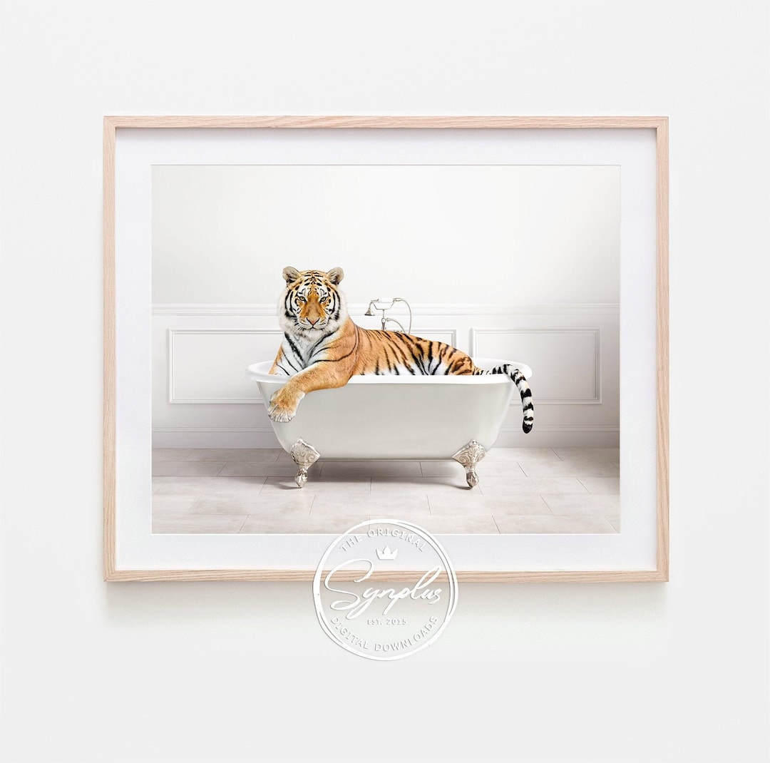 Tiger in a Bathtub, Tiger Taking a Bath, Tiger Bathing, Whimsy Animal ...