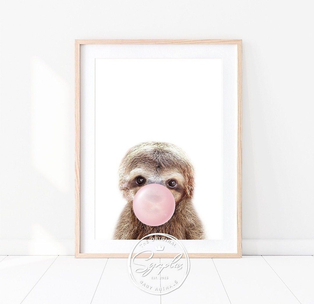Baby Sloth With Pink Bubble Gum, Sloth Blowing Bubble Gum, Nursery ...