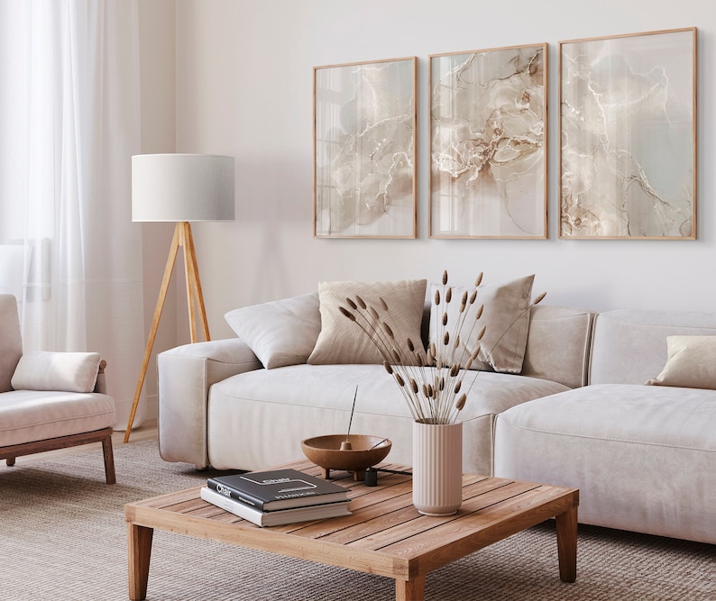 Neutral Abstract Set of 3 Prints, Marble Wall Art Prints, Beige Wall ...