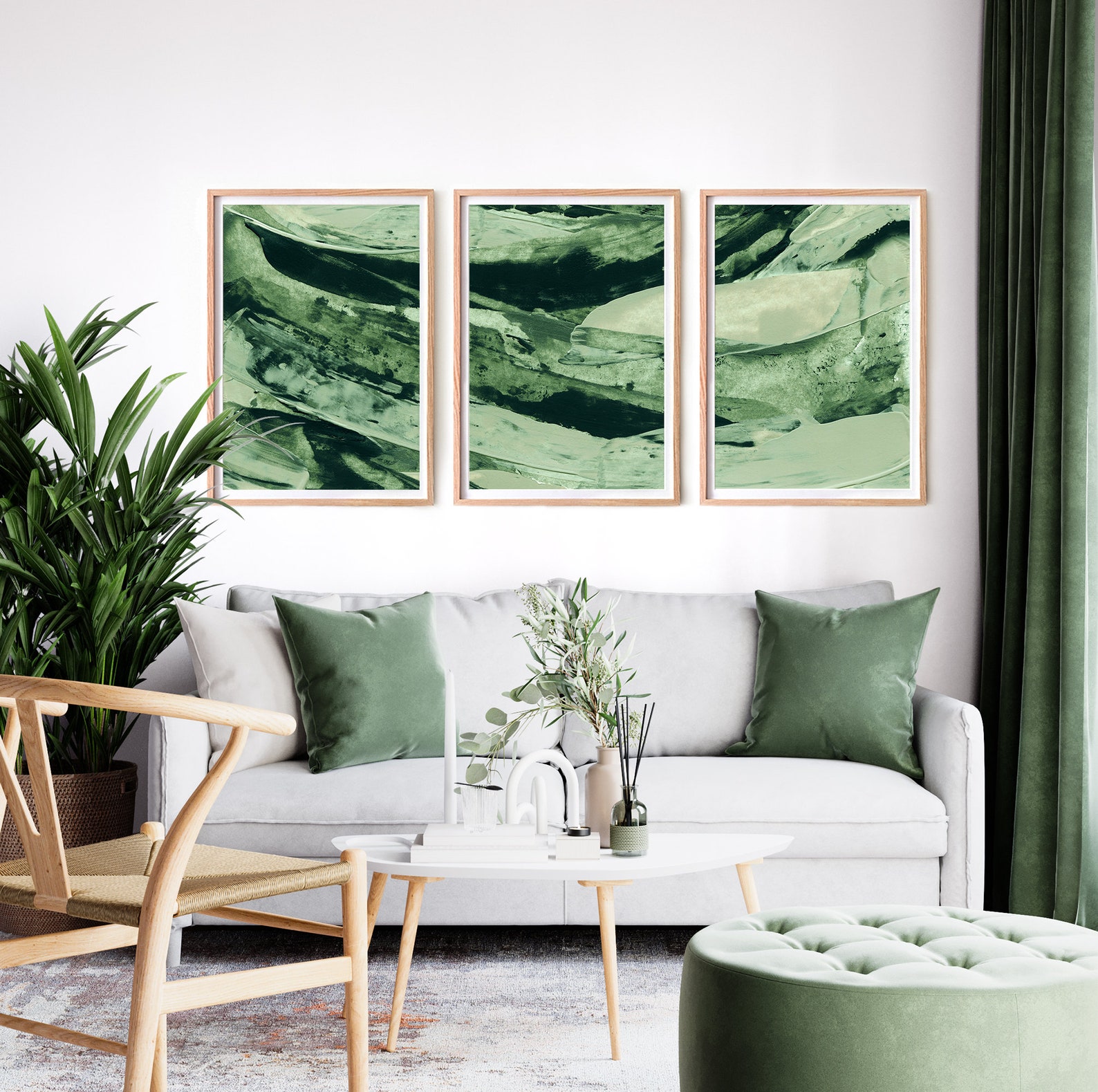 Abstract Green Wall Art Prints, Green Brush Strokes Art, Set of 3 ...