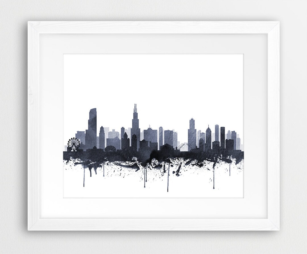 Chicago Skyline Print, Chicago Illinois Cityscape Watercolor Grey Black ...
