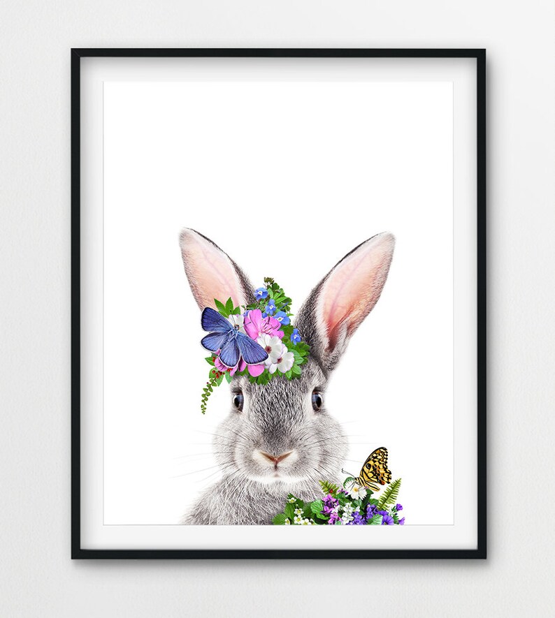Bunny Print Baby Rabbit Flower Crown Floral Baby Animals - Etsy