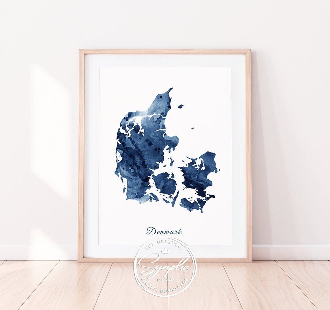 Denmark Map Print, Denmark Wall Art, Denmark Watercolor Blue, Denmark ...