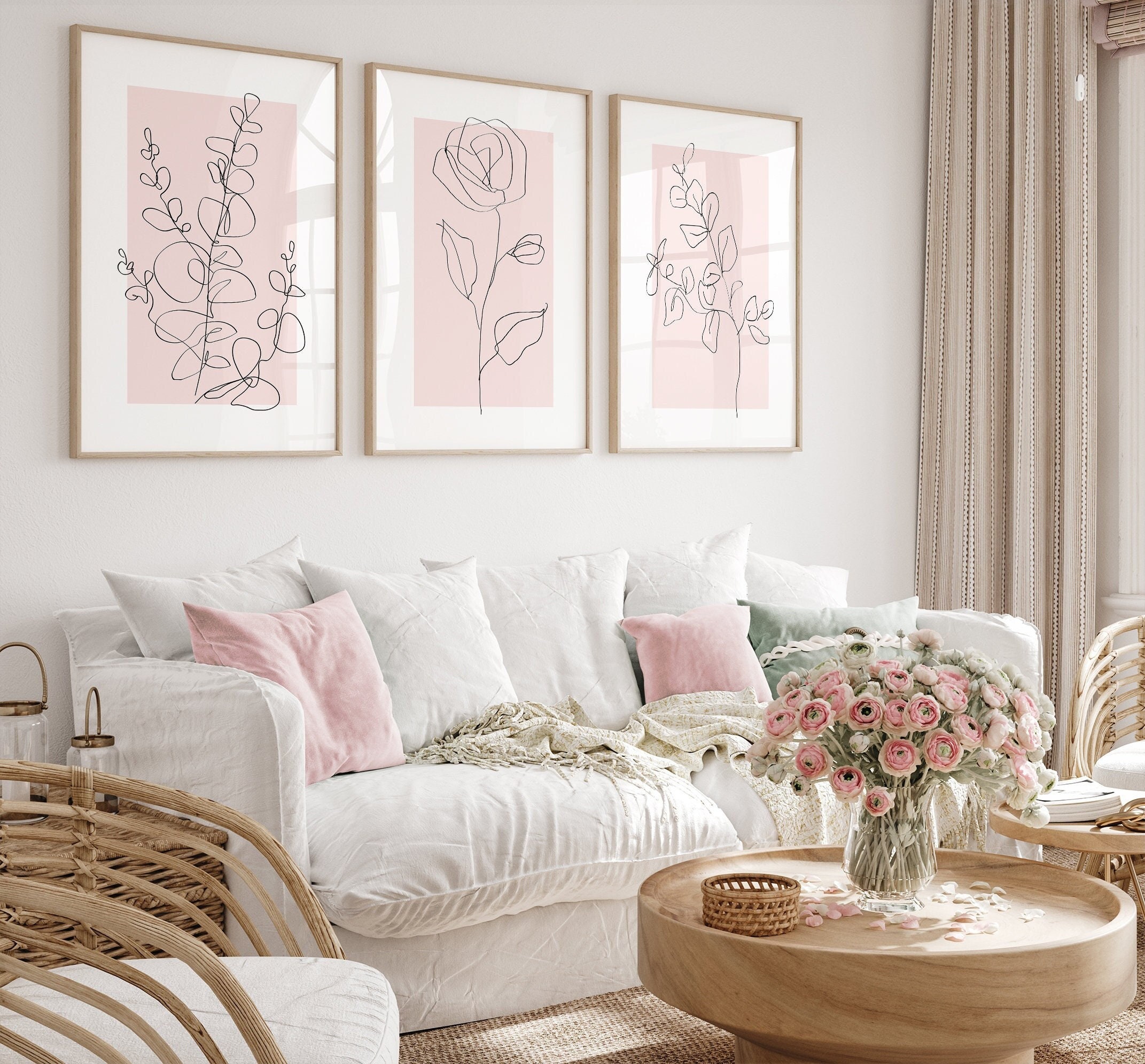 Pink Wall Art Prints Botanical Line Art Set of 3 Plant Wall - Etsy