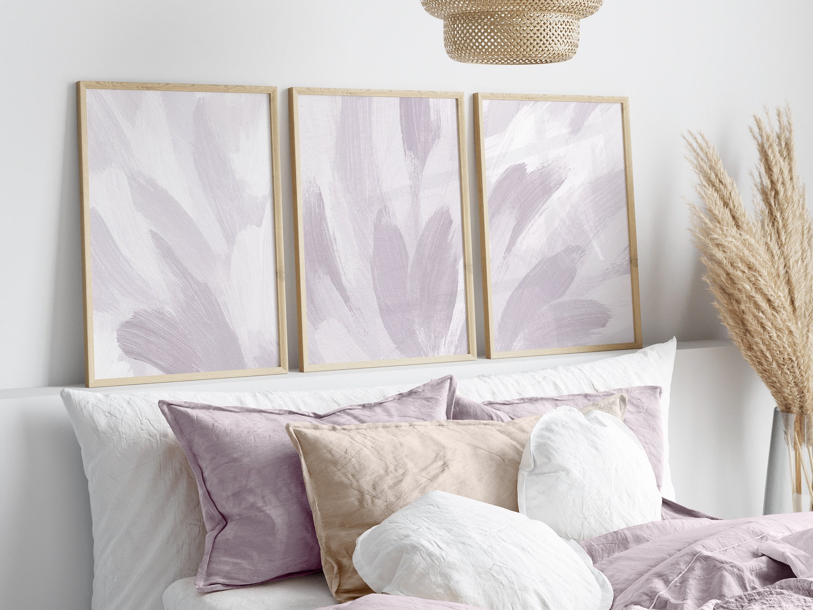Set of 3 Abstract Print, White and Lilac Painting Wall Art, Neutral ...