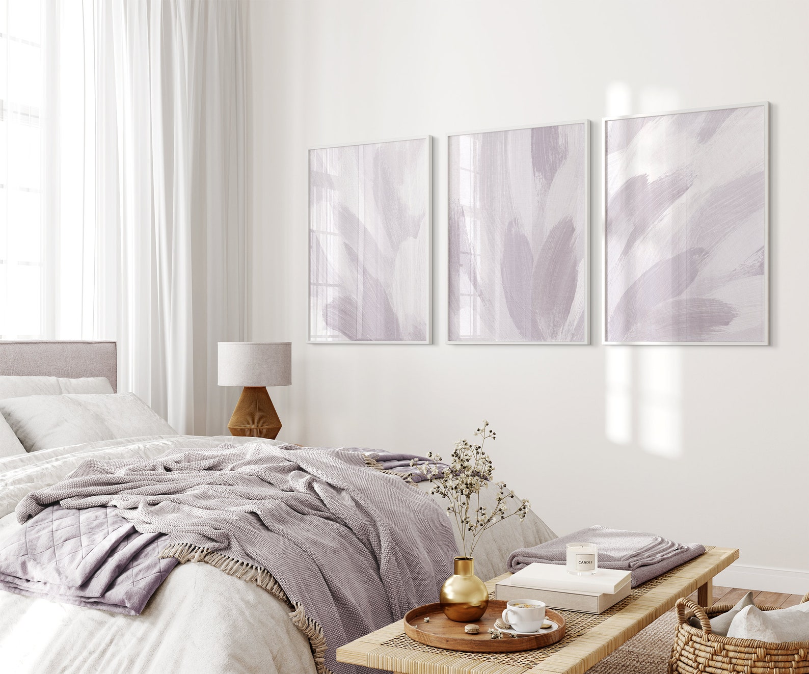 Set of 3 Abstract Print, White and Lilac Painting Wall Art, Neutral ...