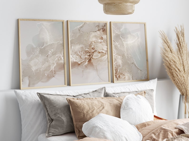 Neutral Abstract Set of 3 Prints, Marble Wall Art Prints, Beige Wall ...