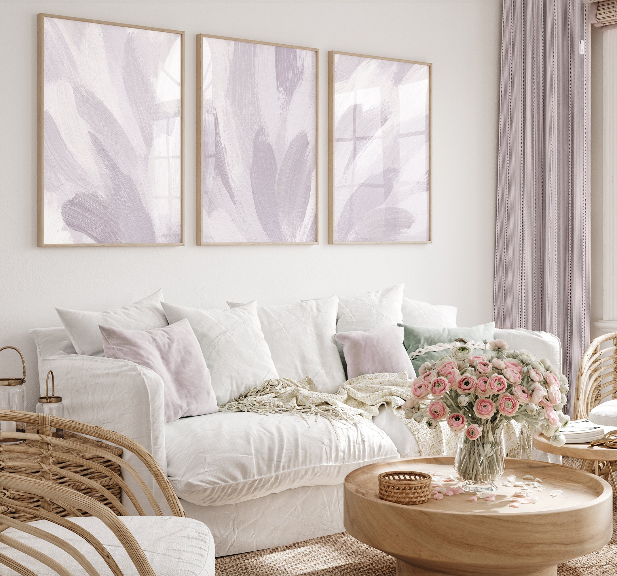 Set of 3 Abstract Print, White and Lilac Painting Wall Art, Neutral ...