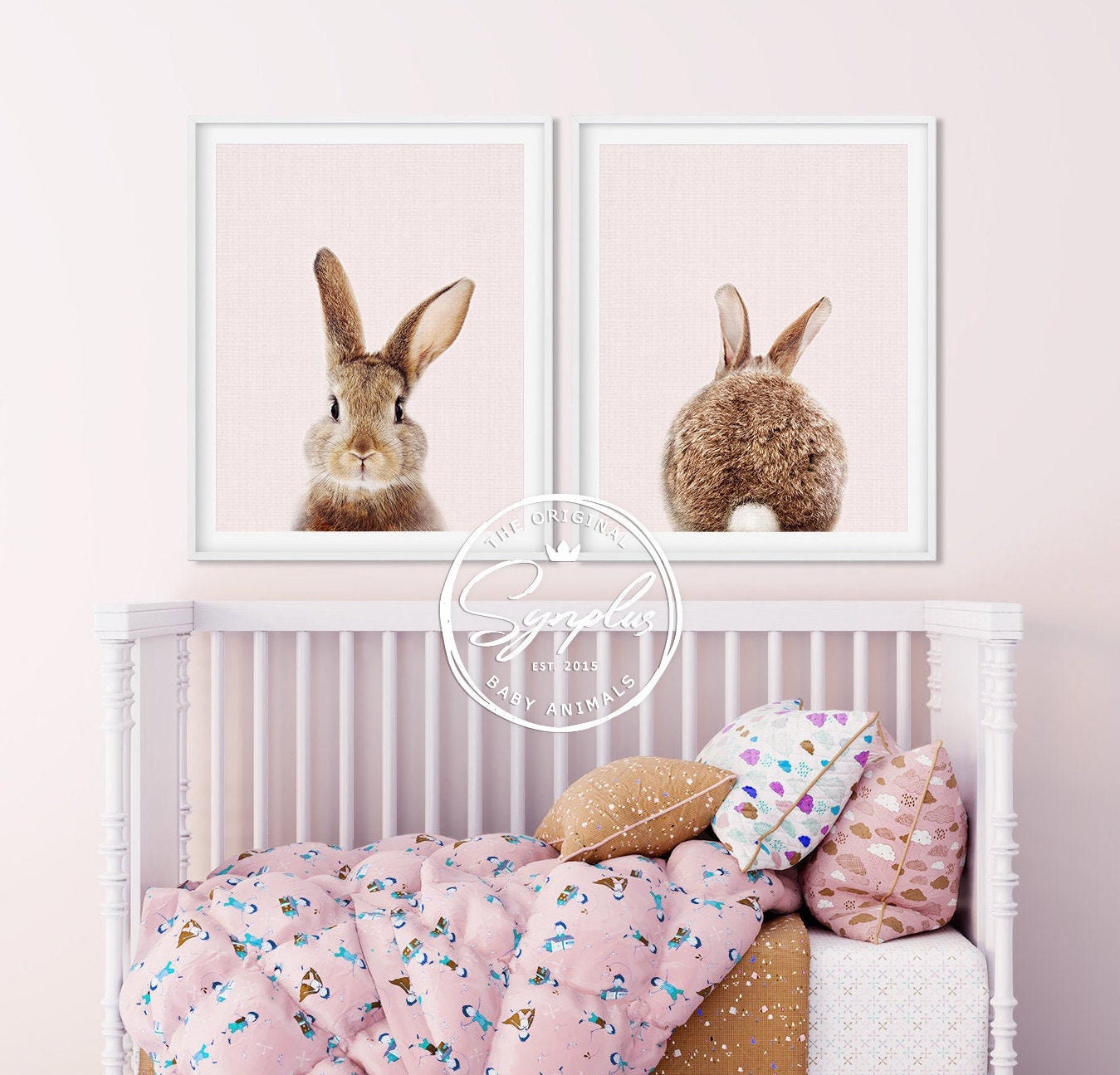 Rabbit Print Set of 2 Bunny Prints Pink Nursery Wall Art | Etsy