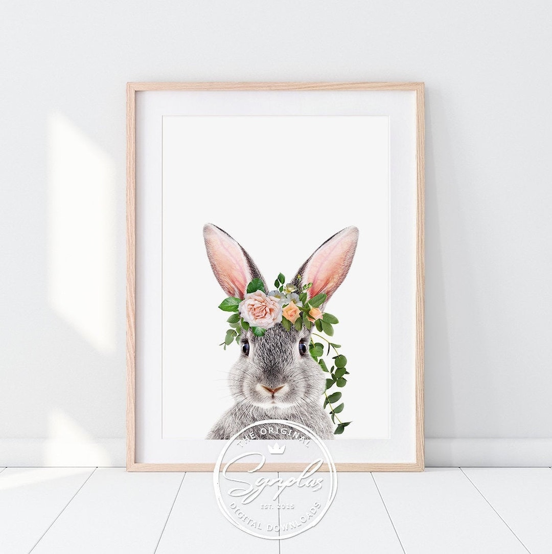 Bunny Rabbit Print, Rabbit Flower Crown, Nursery Wall Art, Synplus ...