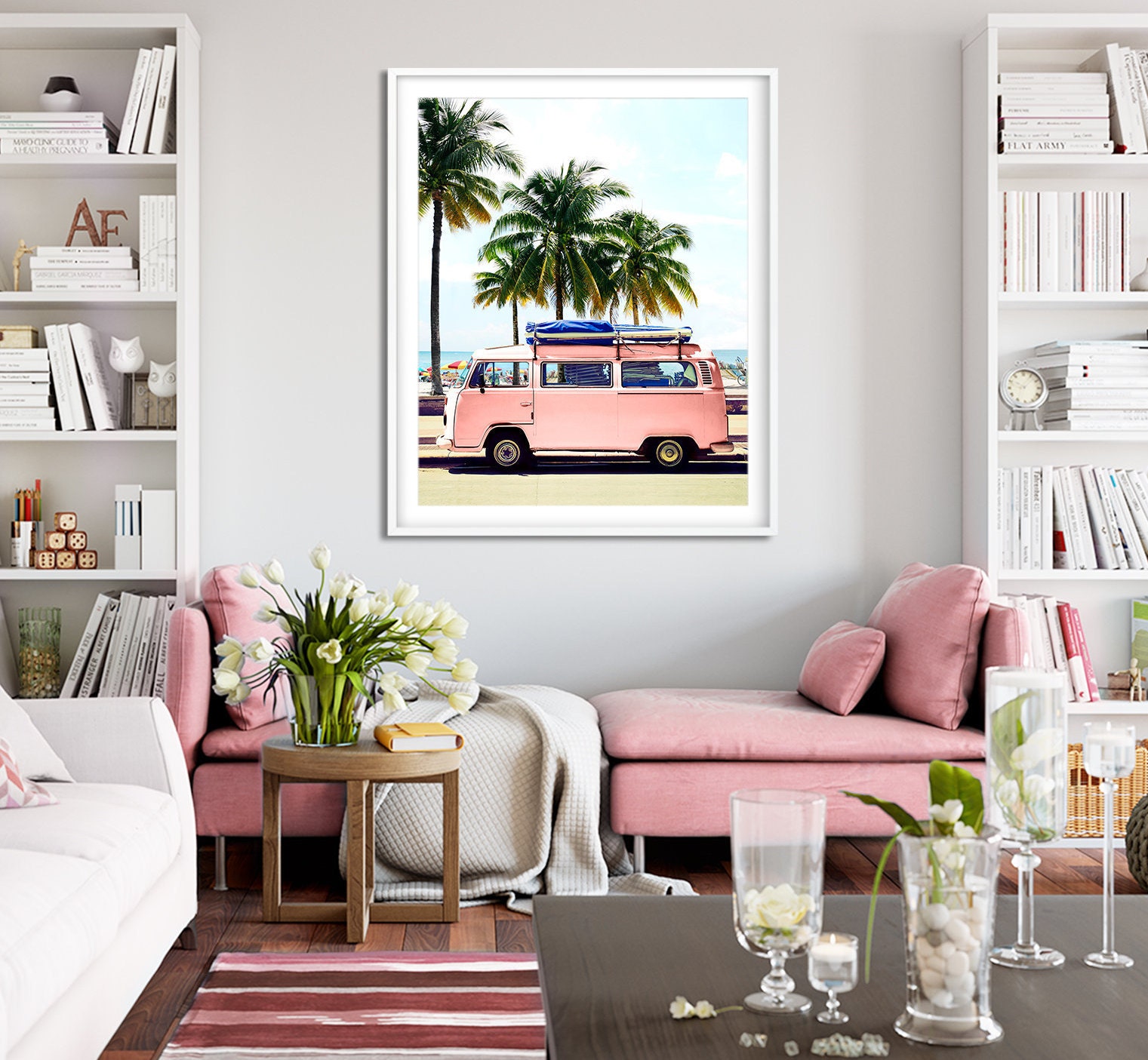 Beach Print, Pink Combi Van, Retro VW Camper, Boho Decor, California ...