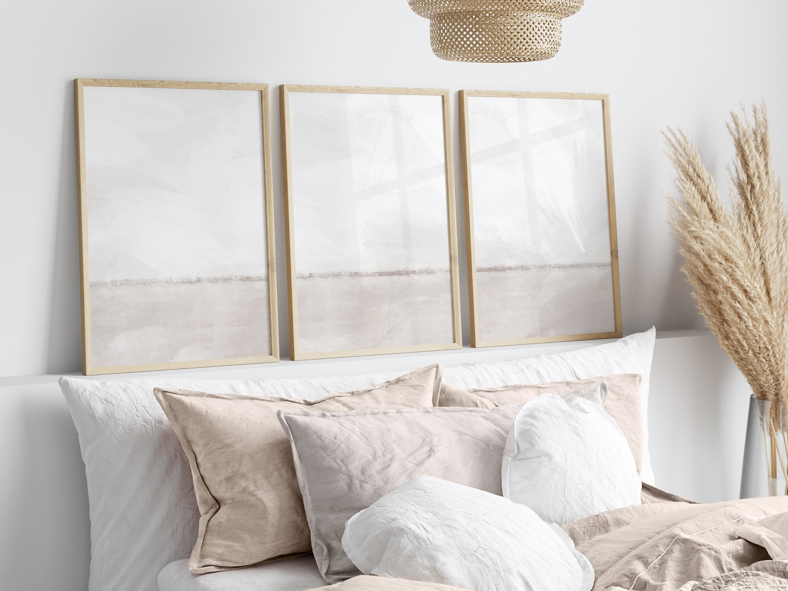 Minimalist Abstract Set of 3 Prints, White and Beige Painting Wall Art ...