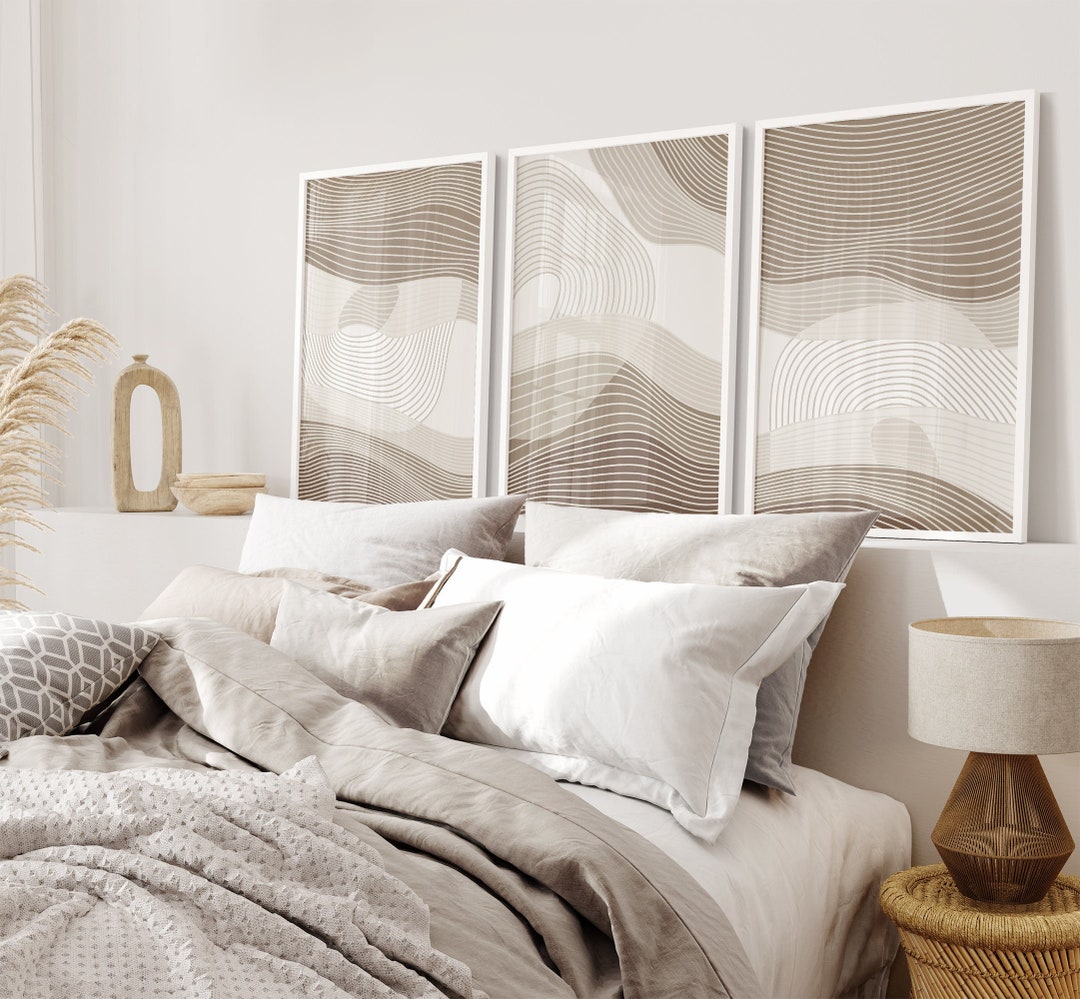 Beige Abstract Wall Art Prints, Beige Line Art Set of 3, Boho Wall Art ...