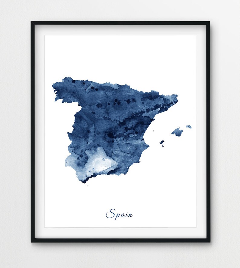 Spain Map Print Spain Wall Art Spain Watercolor Blue Navy - Etsy