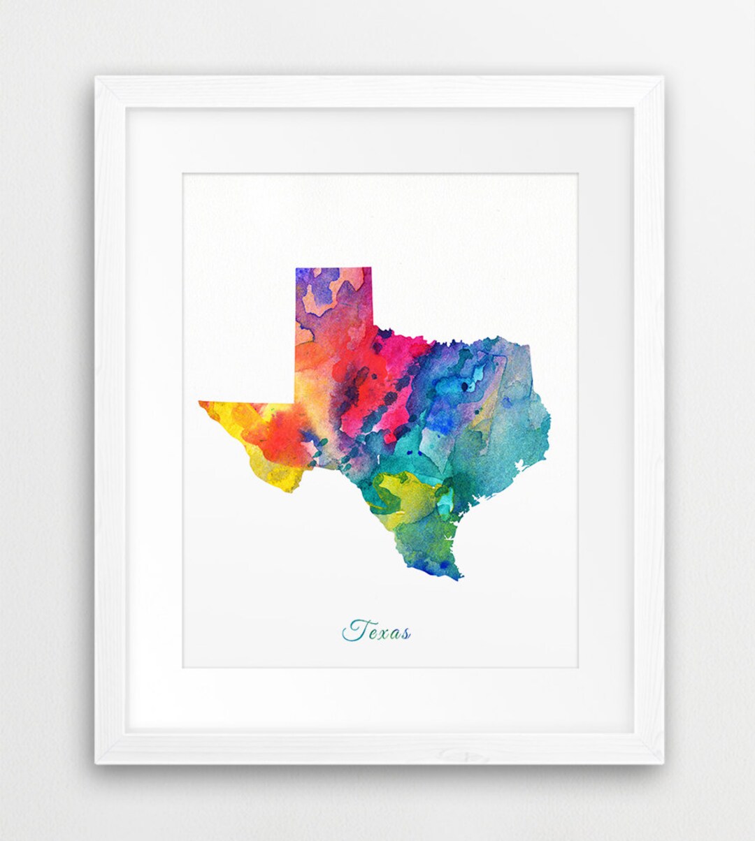 Texas Map Watercolor Print, USA State Texas Silhouette Watercolor Green ...