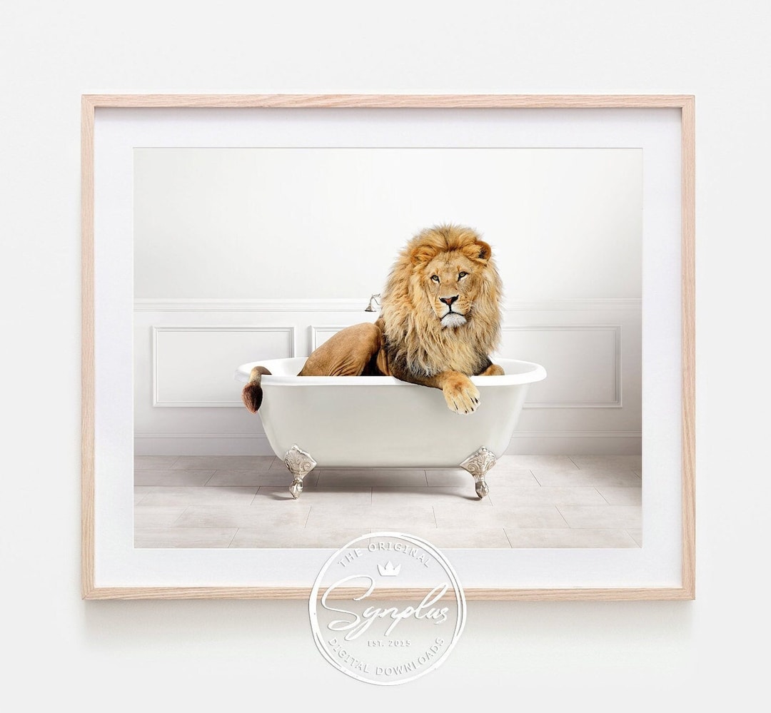 Lion in a Bathtub, Lion Taking a Bath, Lion Bathing, Whimsy Animal ...