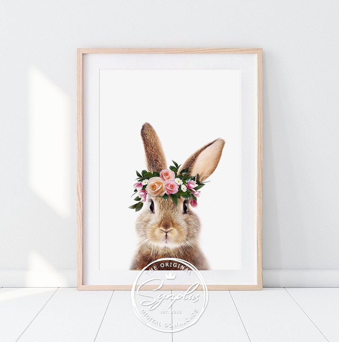 Bunny Rabbit Print, Rabbit Flower Crown, Nursery Wall Art, Animal ...