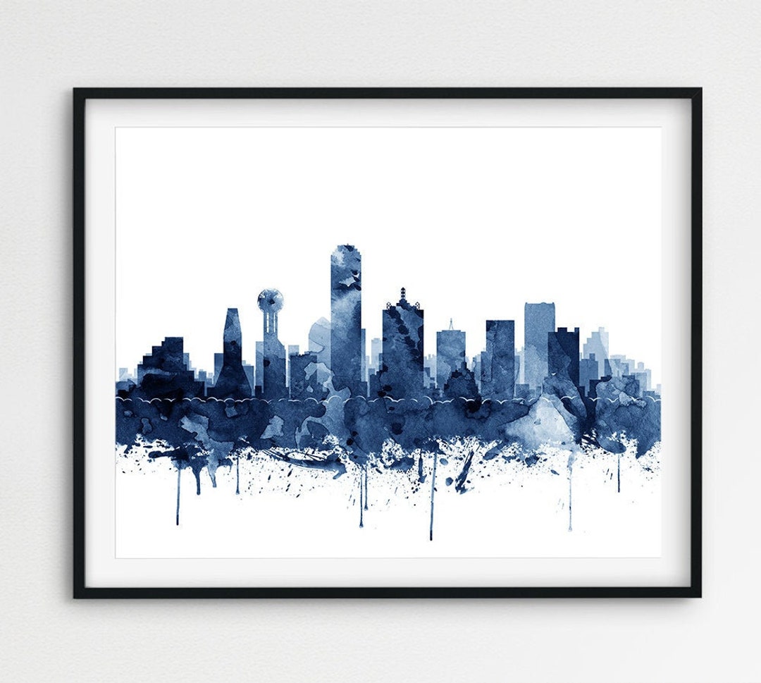 Dallas Skyline Print, Dallas Watercolor Navy Blue, Dallas Poster ...