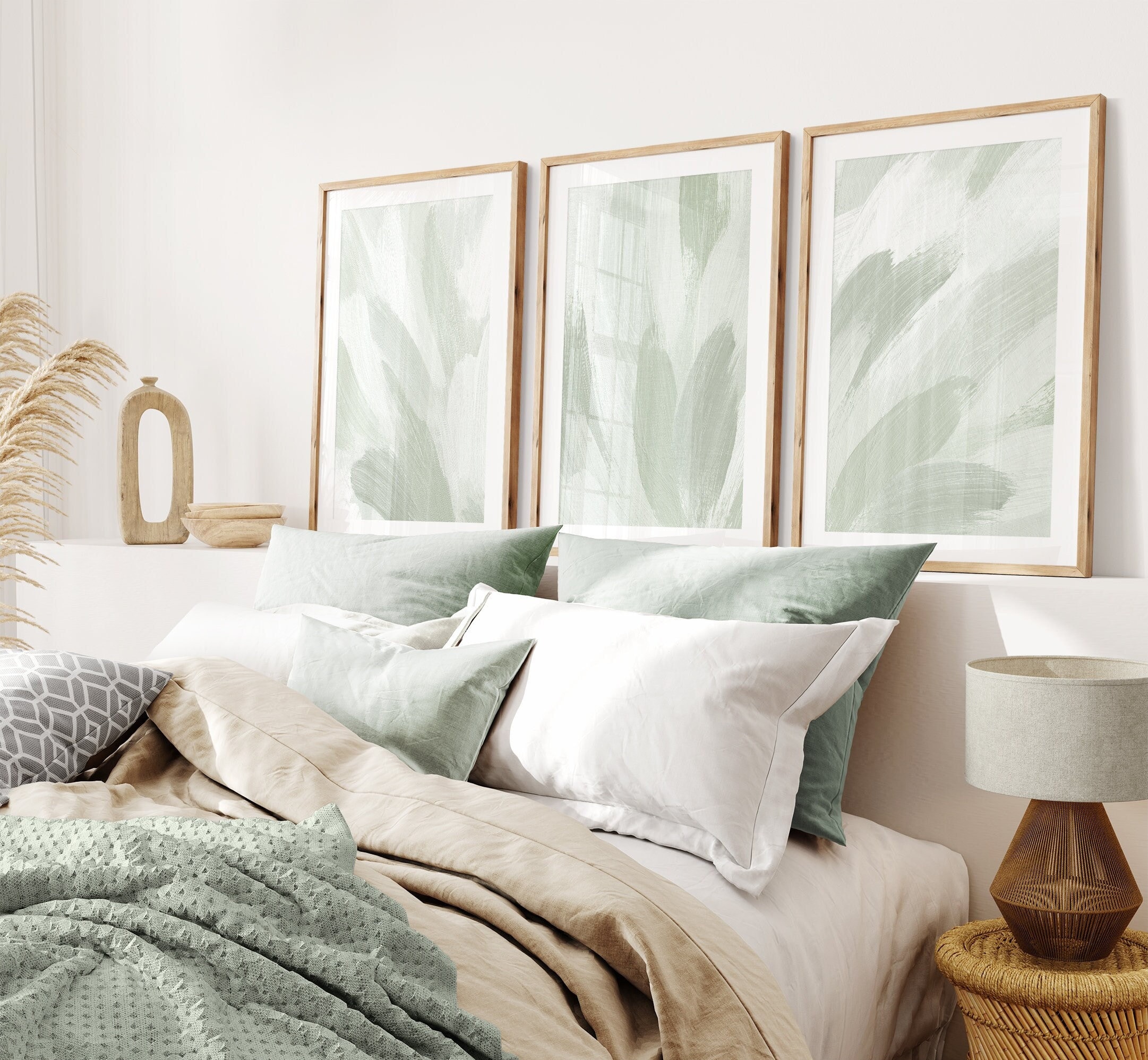 Sage Green Abstract Prints, Set of 3 Brush Stroke Paintings Wall Art ...