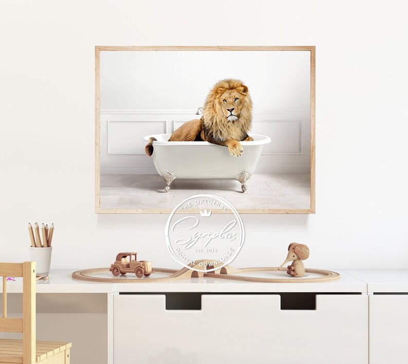 Lion in a Bathtub, Lion Taking a Bath, Lion Bathing, Whimsy Animal ...