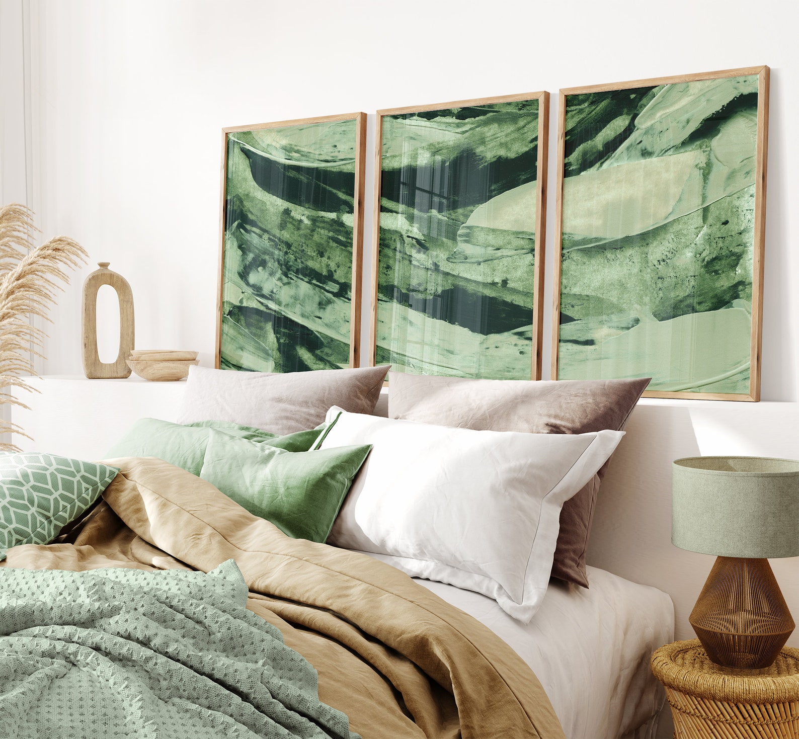 Abstract Green Wall Art Prints, Green Brush Strokes Art, Set of 3 ...