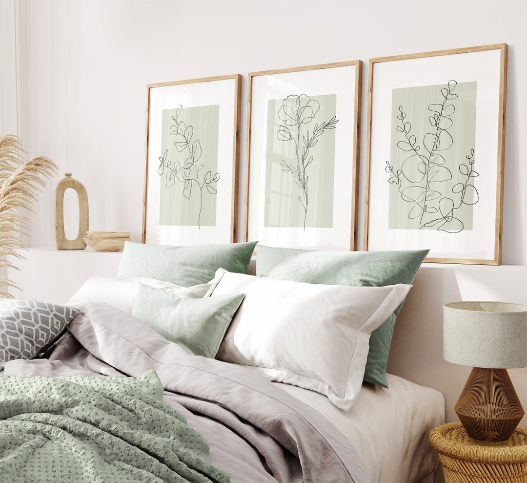 Sage Green Wall Art Prints, Botanical Line Art, Set of 3 Prints ...