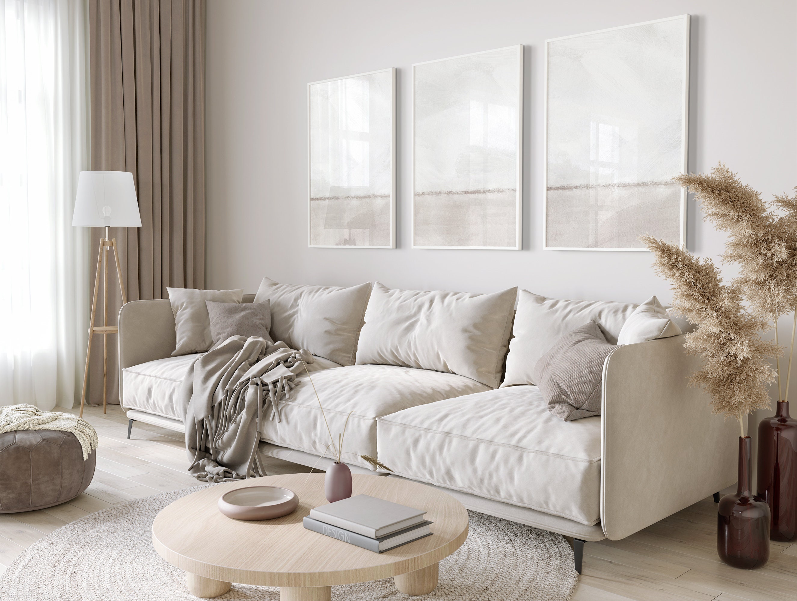 Minimalist Abstract Set of 3 Prints, White and Beige Painting Wall Art ...