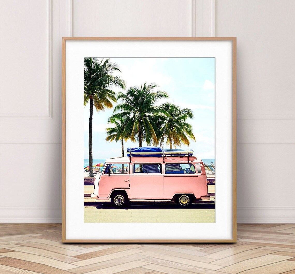 Beach Print, Pink Combi Van, Retro VW Camper, Boho Decor, California ...