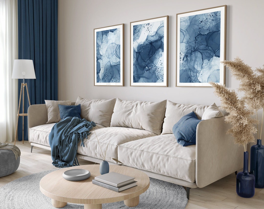 Blue Wall Art Prints, Abstract Set of 3 Prints, Marble Wall Prints ...