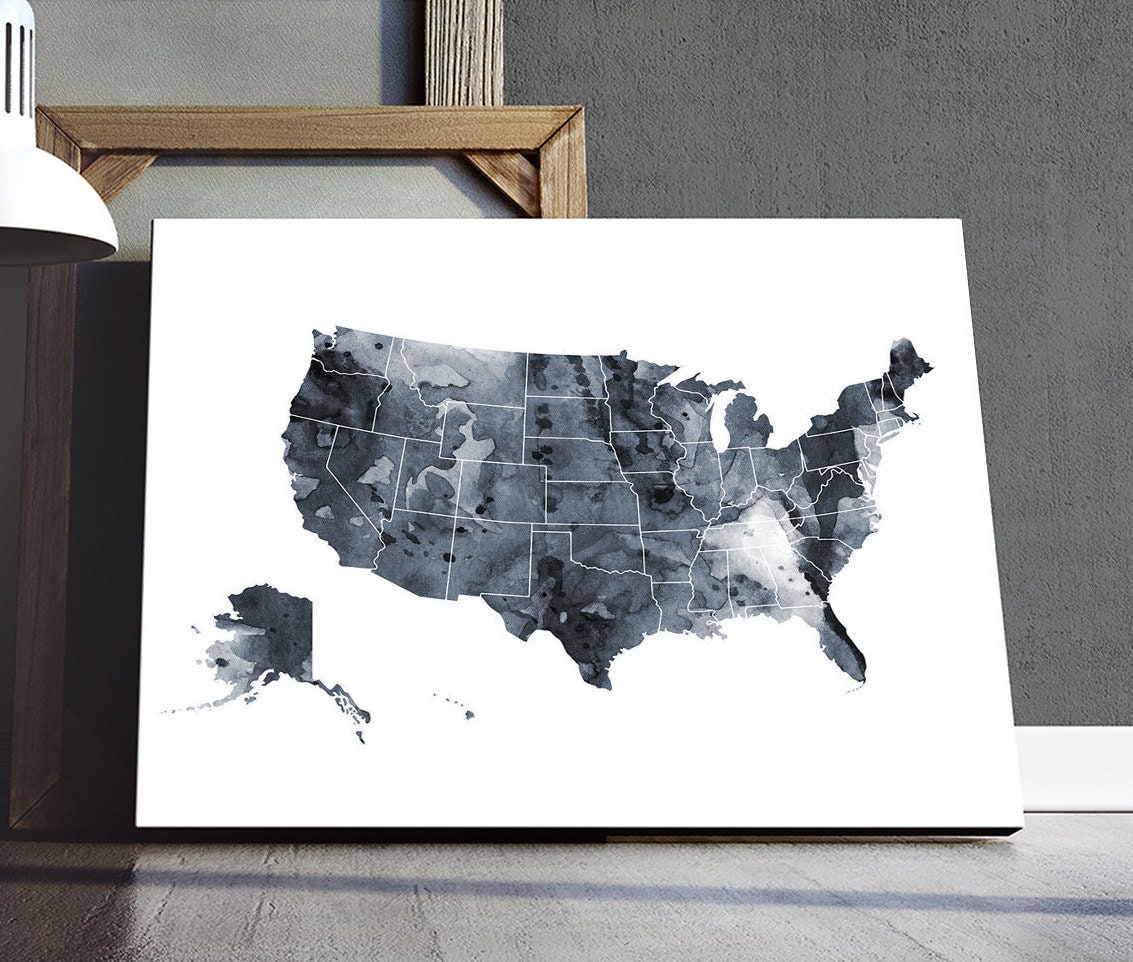 USA Map Print United States Poster Watercolor Grey Black and - Etsy