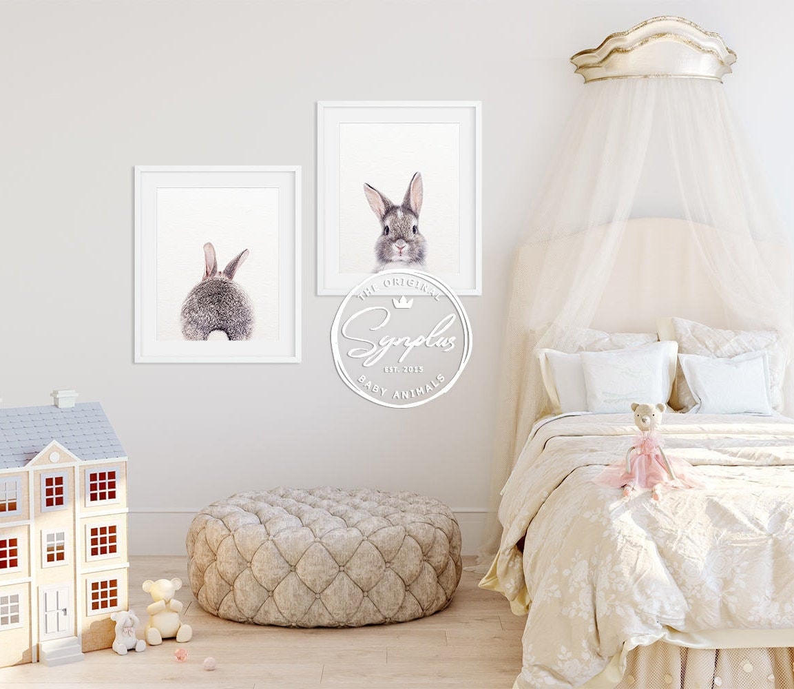 Rabbit Print Bunny Butt Tail Set of 2 Woodland Nursery | Etsy